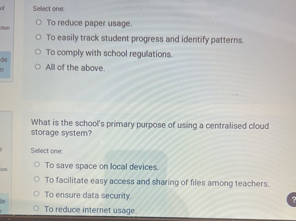 Select one: O To reduce paper usage. O To | StudyX
