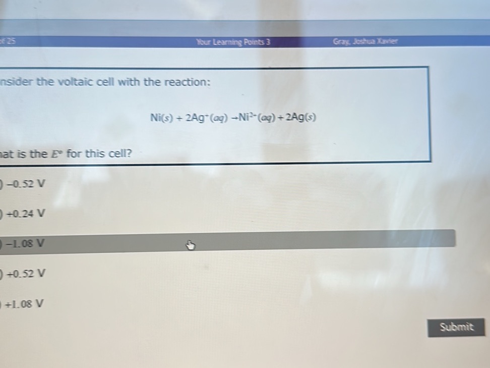 Consider the voltaic cell with the reaction: | StudyX