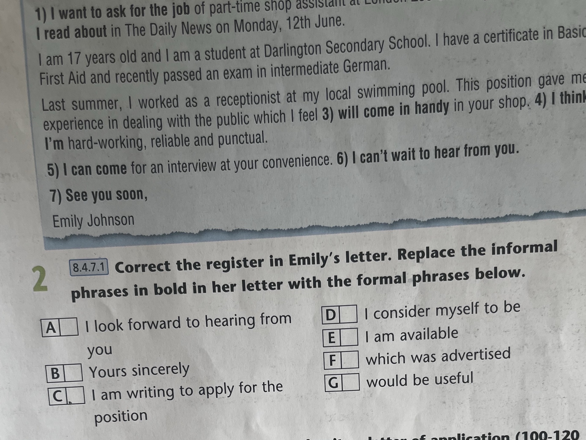 Correct the register in Emily's letter. | StudyX