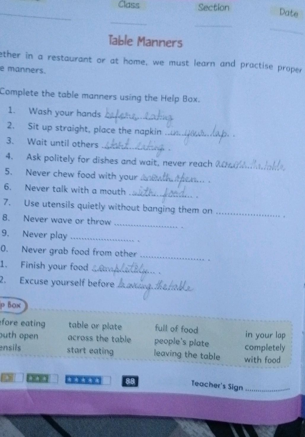 Complete the table manners using the Help | StudyX
