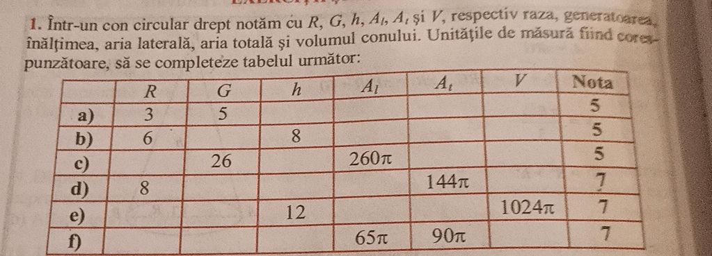 1. Într-un con circular drept notăm cu R, G, | StudyX