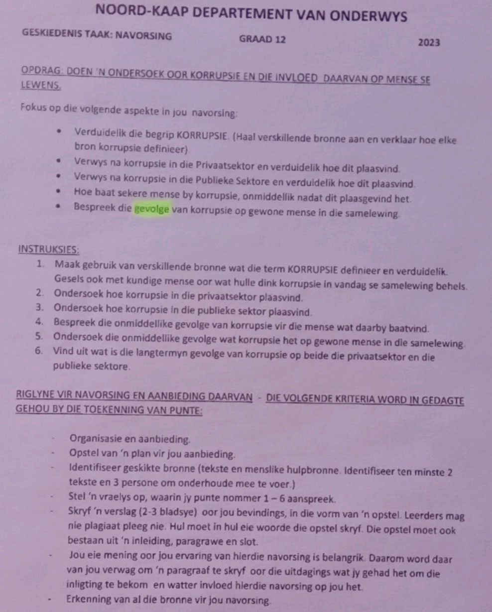 OPDRAG: DOEN 'N ONDERSOEK OOR KORRUPSIE EN | StudyX