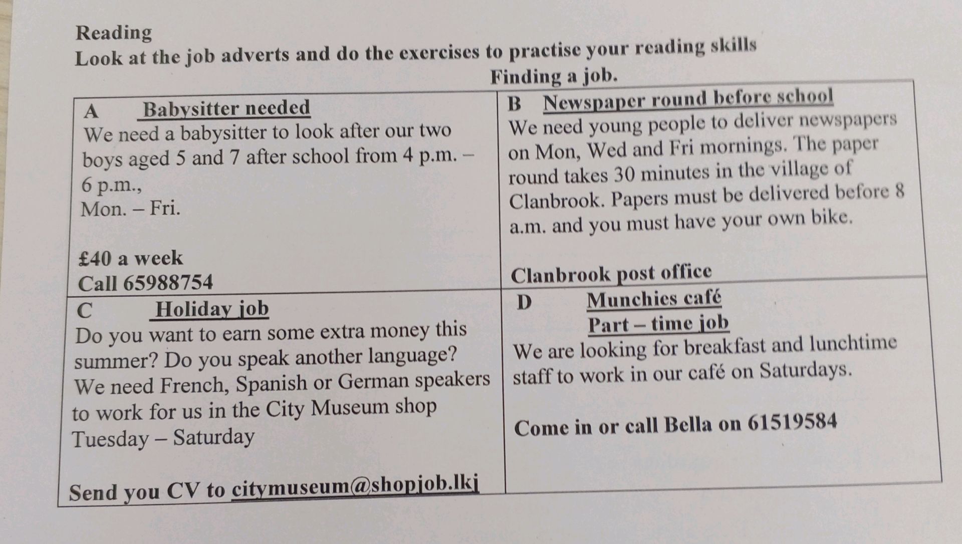 Reading Look at the job adverts and do the | StudyX