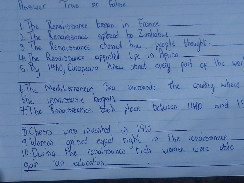 Answer True or false 1. The Renaissance | StudyX