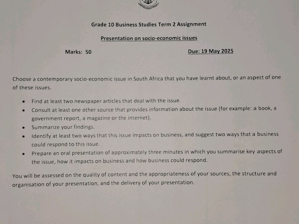 Grade 10 Business Studies Term 2 Assignment | StudyX