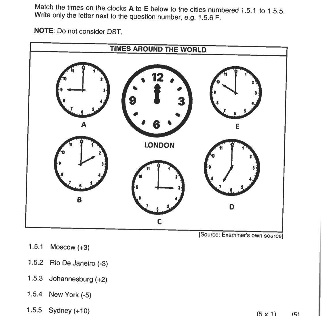 Match the times on the clocks A to E below | StudyX