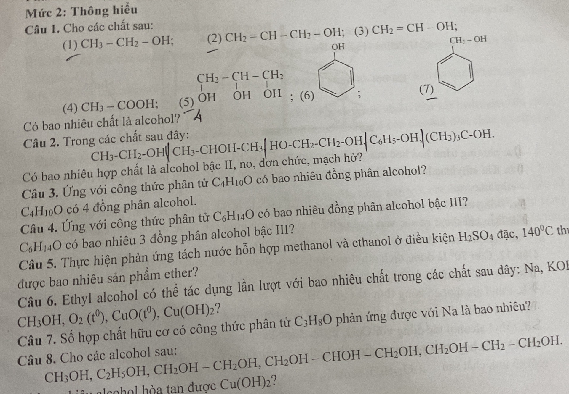 Câu 1. Cho các chất sau: (1) $CH_3-CH_2-OH$; | StudyX
