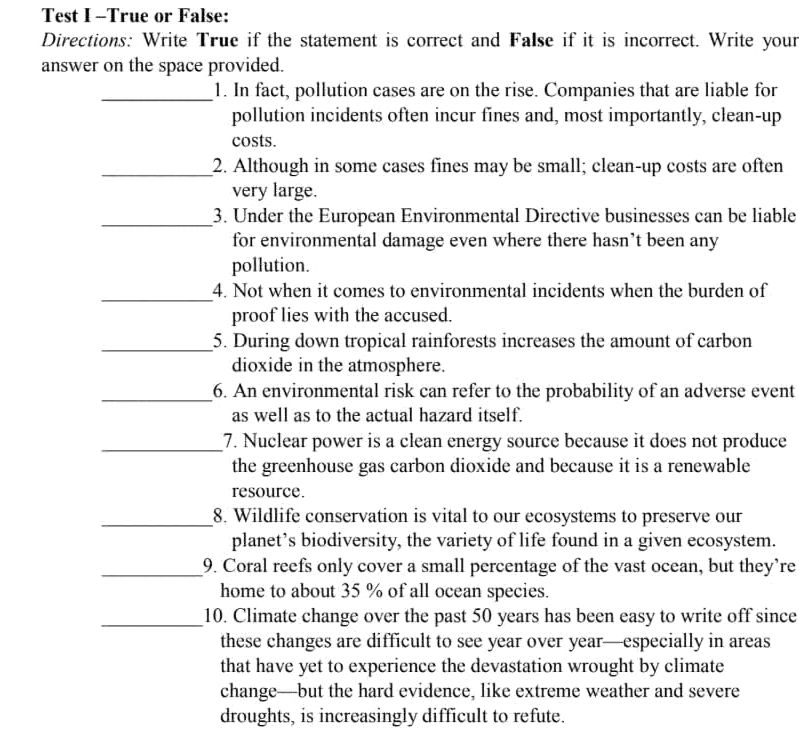 Test I-True or False: Directions: Write True | StudyX