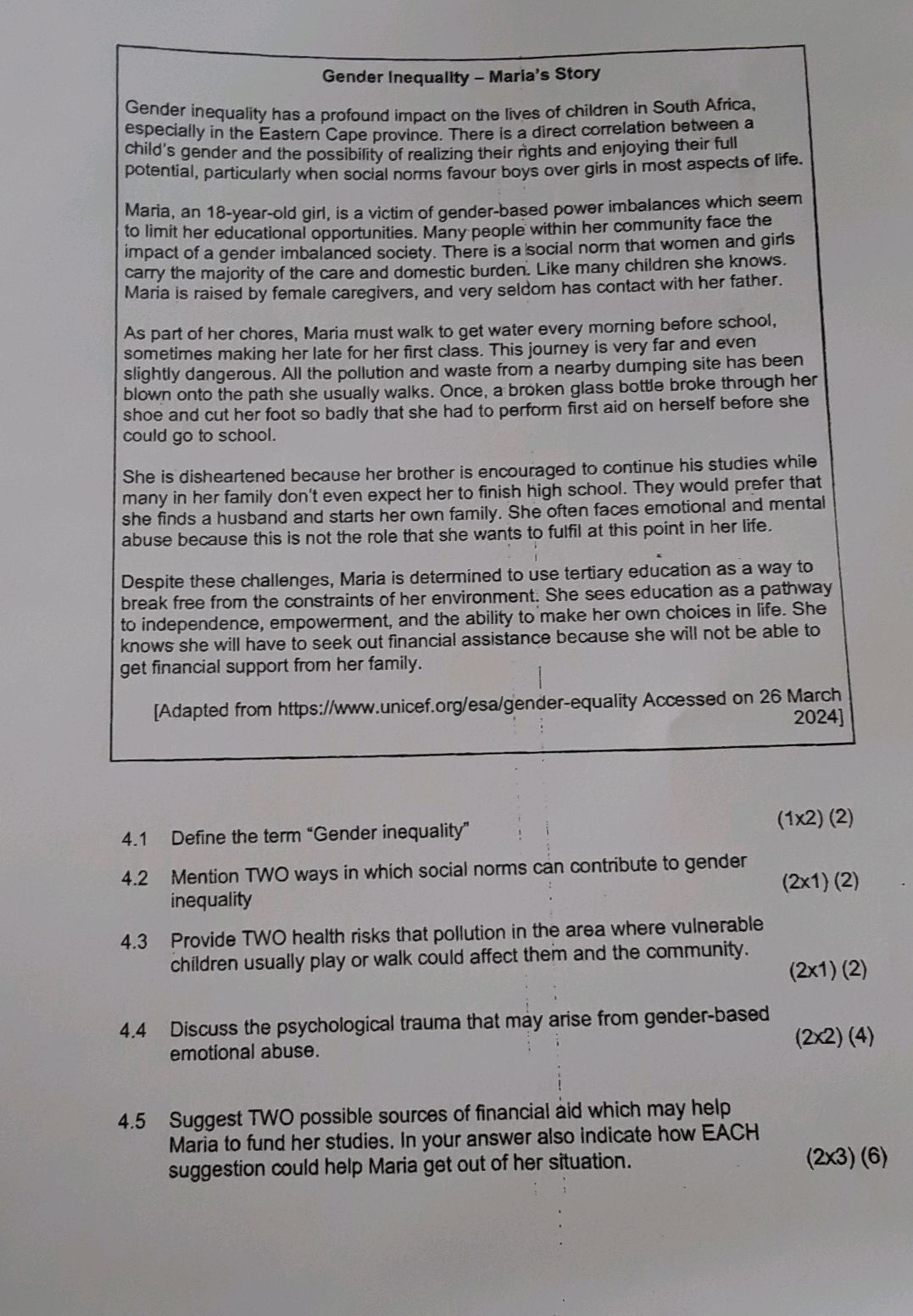 4.1 Define the term "Gender inequality" 4.2 | StudyX