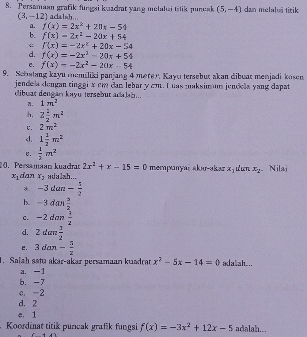 8. Persamaan grafik fungsi kuadrat yang | StudyX