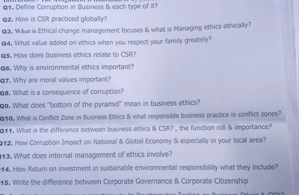 Q1. Define Corruption in Business each | StudyX