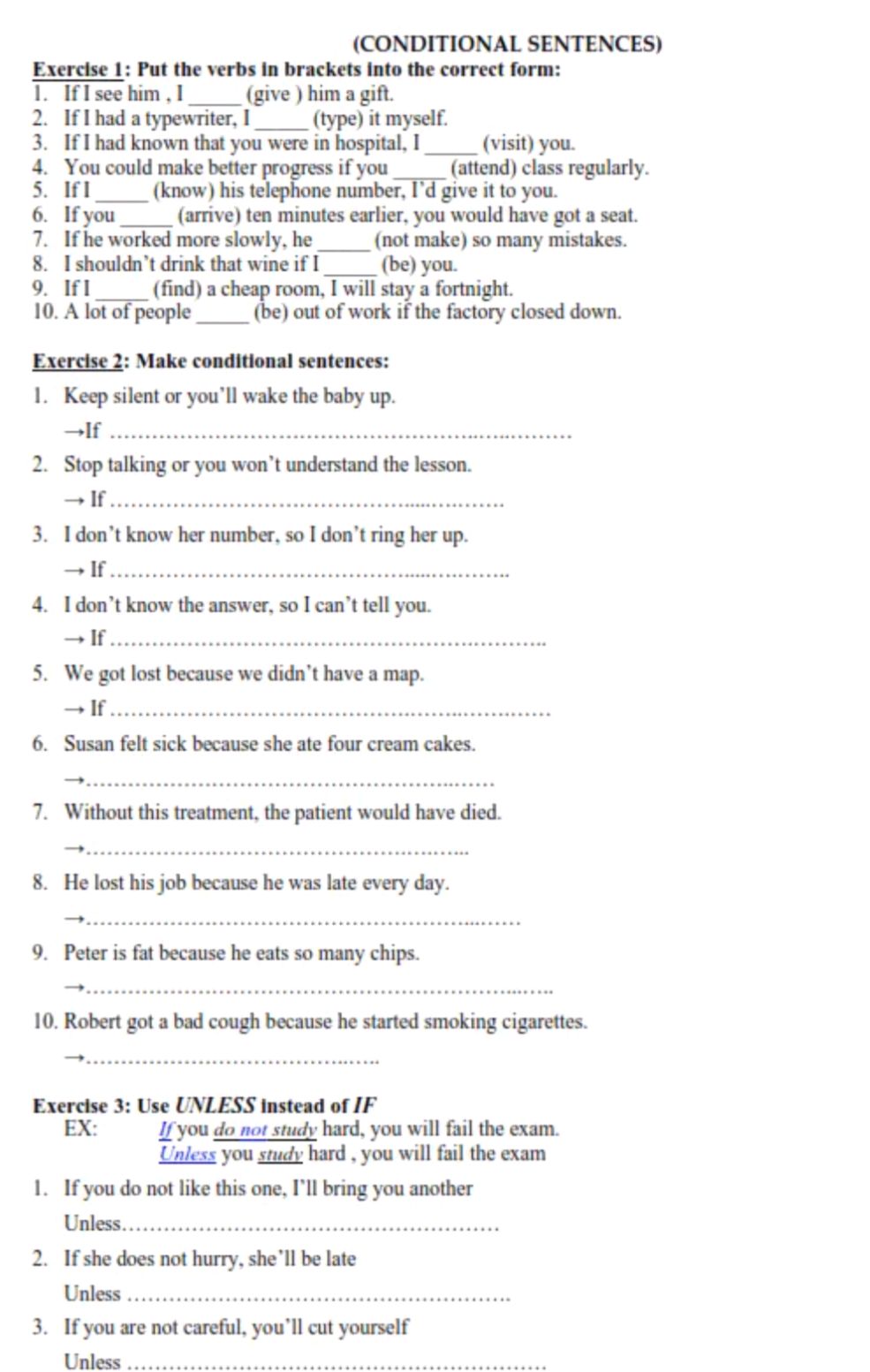 (CONDITIONAL SENTENCES) Exercise 1: Put the | StudyX