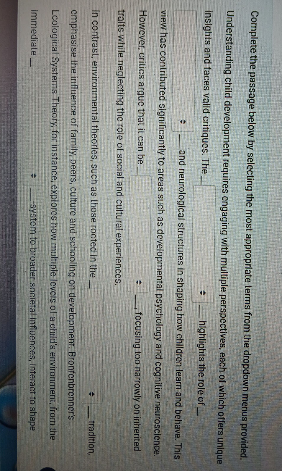 Complete the passage below by selecting the | StudyX