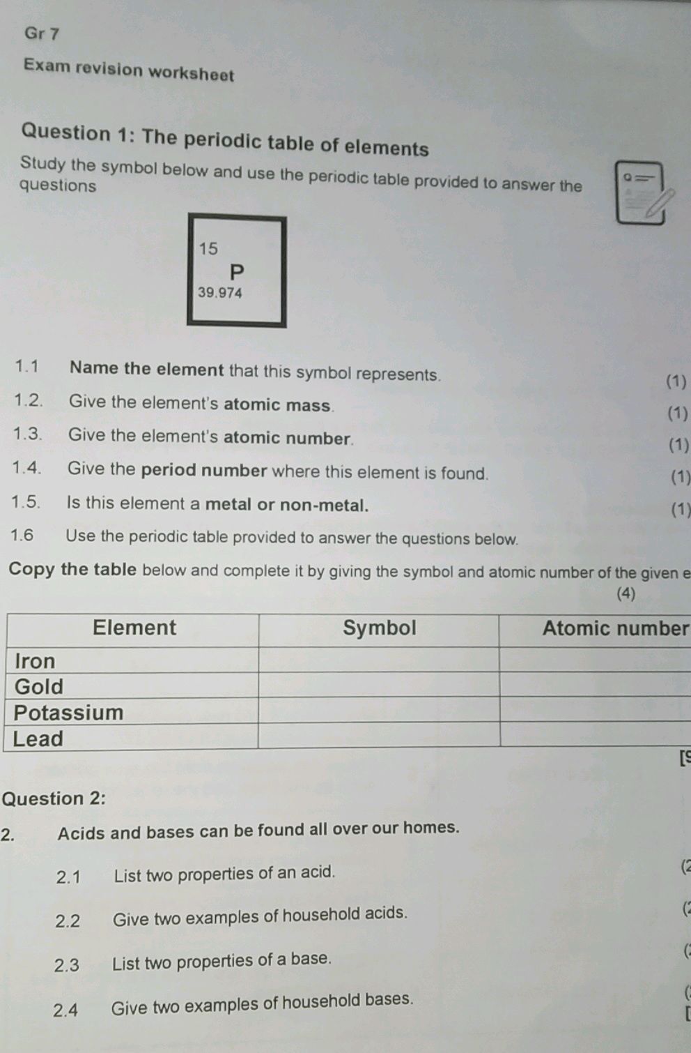 Question 1: The periodic table of elements | StudyX