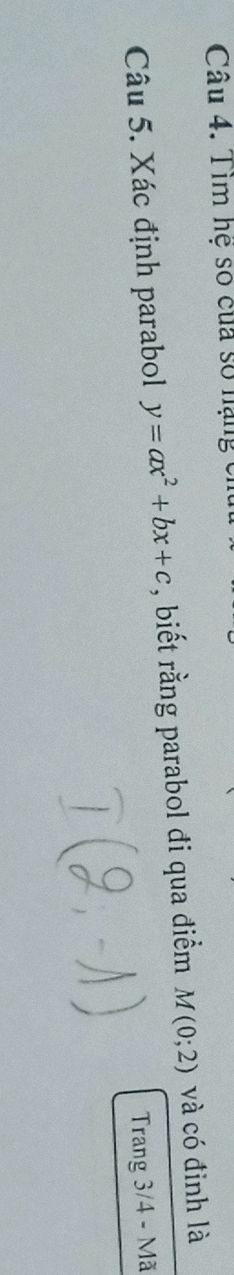 Câu 5. Xác định parabol $y = ax^2 + bx + c$, | StudyX