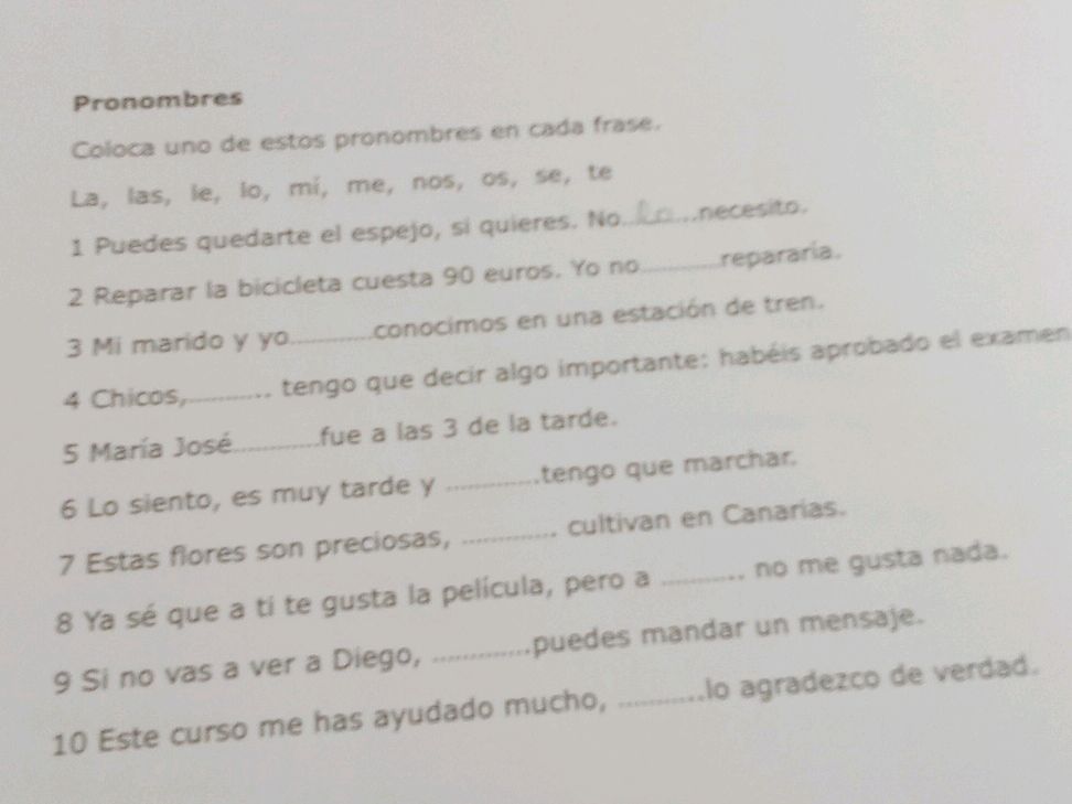 Pronombres Coloca uno de estos pronombres en | StudyX