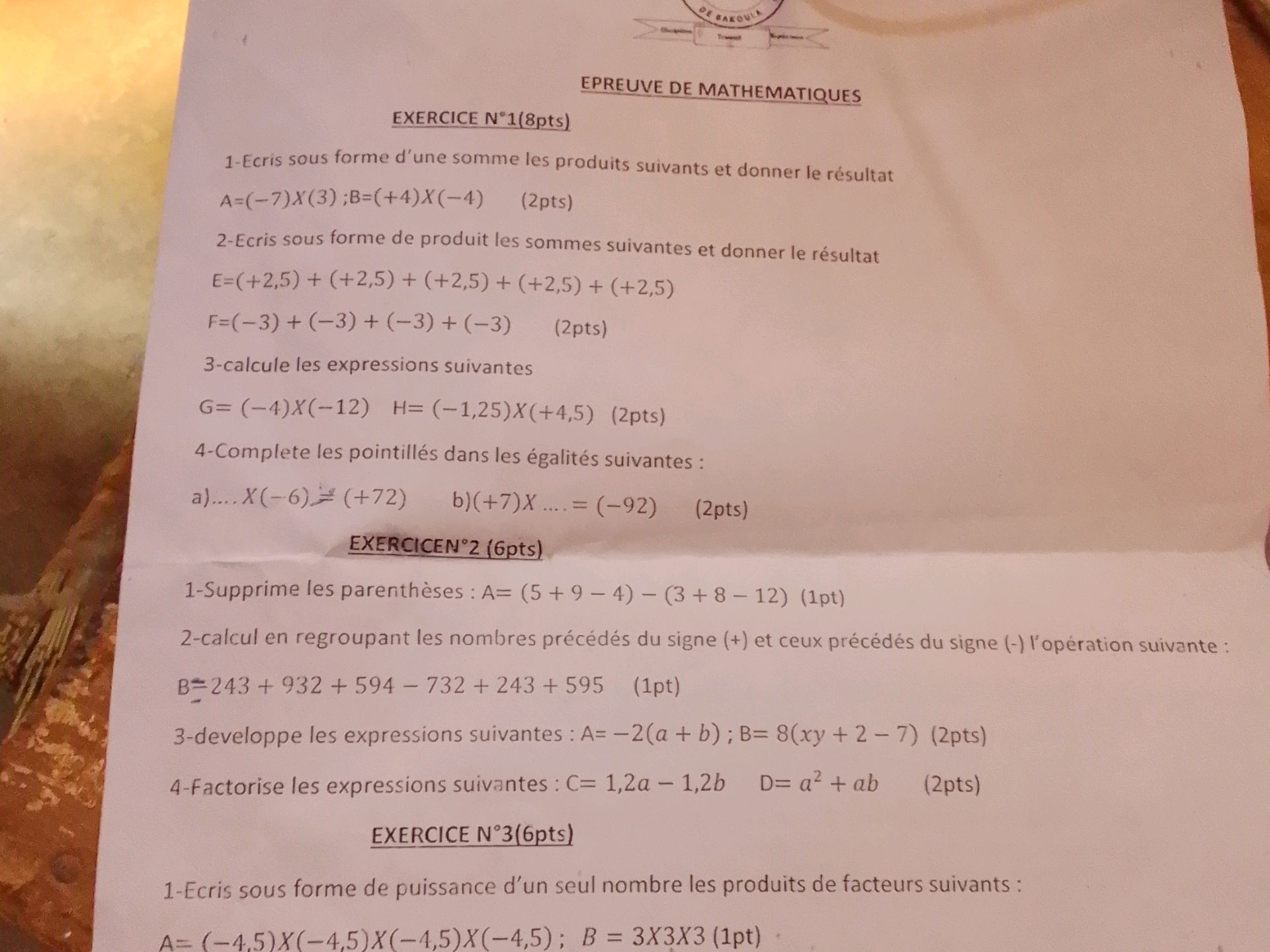 EXERCICE N°1(8pts) 1-Ecris sous forme d'une | StudyX