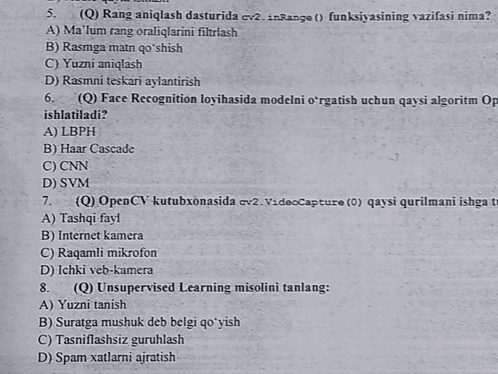 5. (Q) Rang aniqlash dasturida cv2.inRange() | StudyX