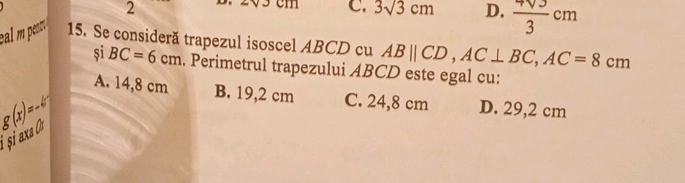 15. Se consideră trapezul isoscel $ABCD$ cu | StudyX