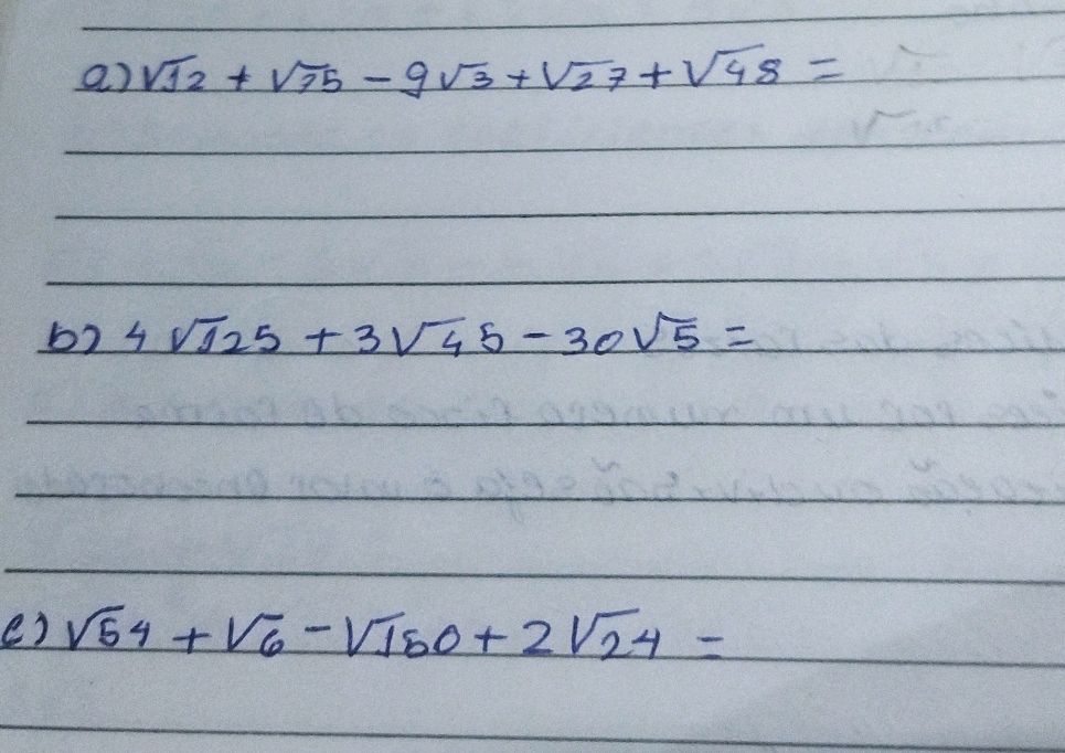 a) $ {12} + {75} - 9 {3} + {27} + {48} =$ | StudyX