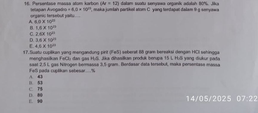 16. Persentase massa atom karbon (Ar = 12) | StudyX