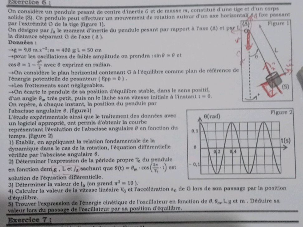 Exercice 6: On considère un pendule pesant | StudyX