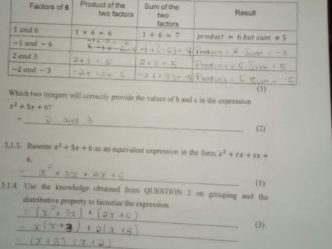 | Factors of 6 | Product of the two factors | StudyX