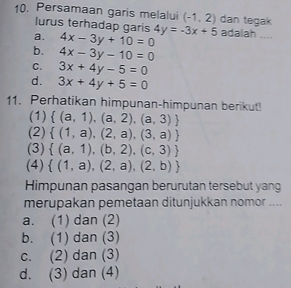 10. Persamaan garis melalui (-1, 2) dan | StudyX