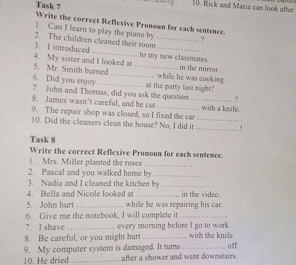 Task 7 Write the correct Reflexive Pronoun | StudyX