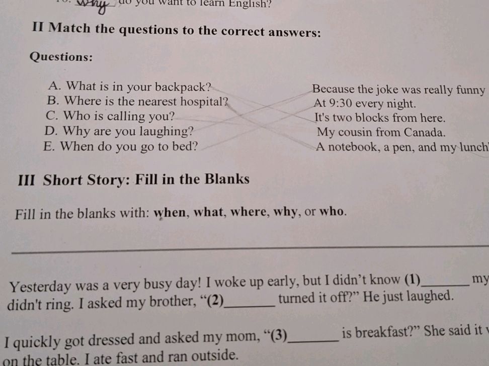 II Match the questions to the correct | StudyX