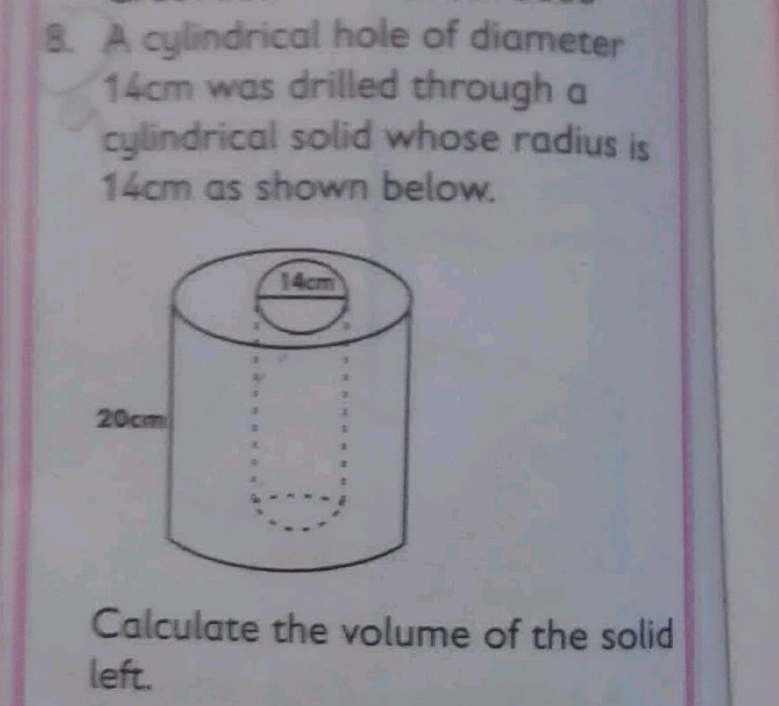 8. A cylindrical hole of diameter 14cm was | StudyX