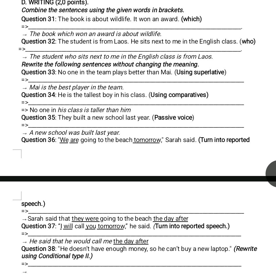 D. WRITING (2,0 points). Combine the | StudyX