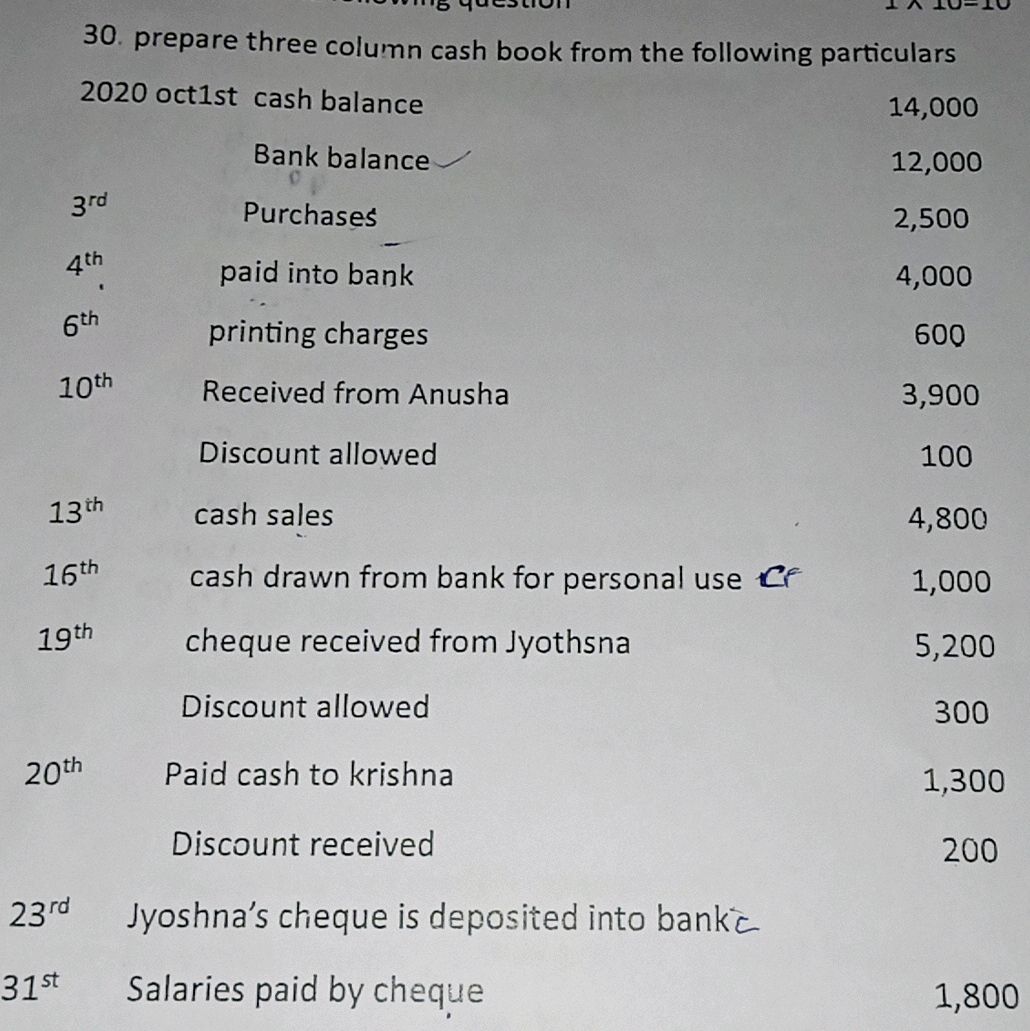 30. prepare three column cash book from the | StudyX