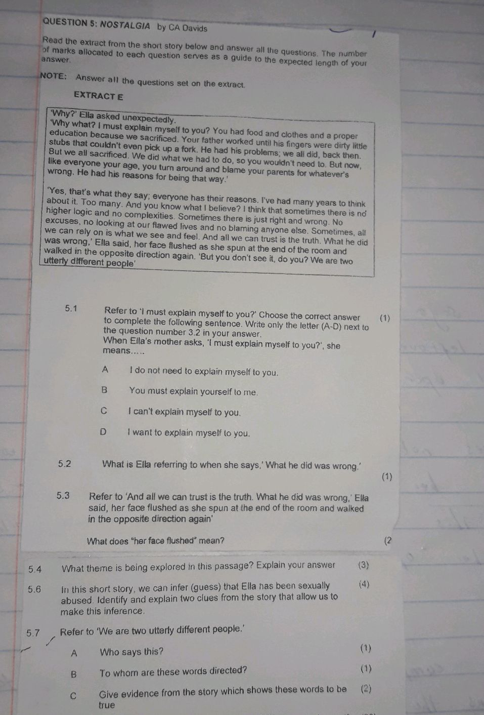 QUESTION 5: NOSTALGIA by CA Davids Read the | StudyX