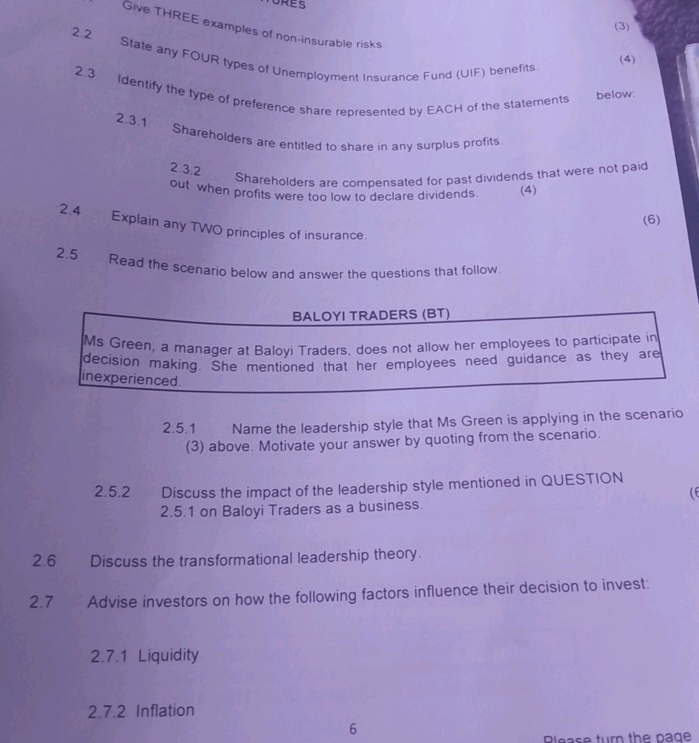 2.2 Give THREE examples of non-insurable | StudyX