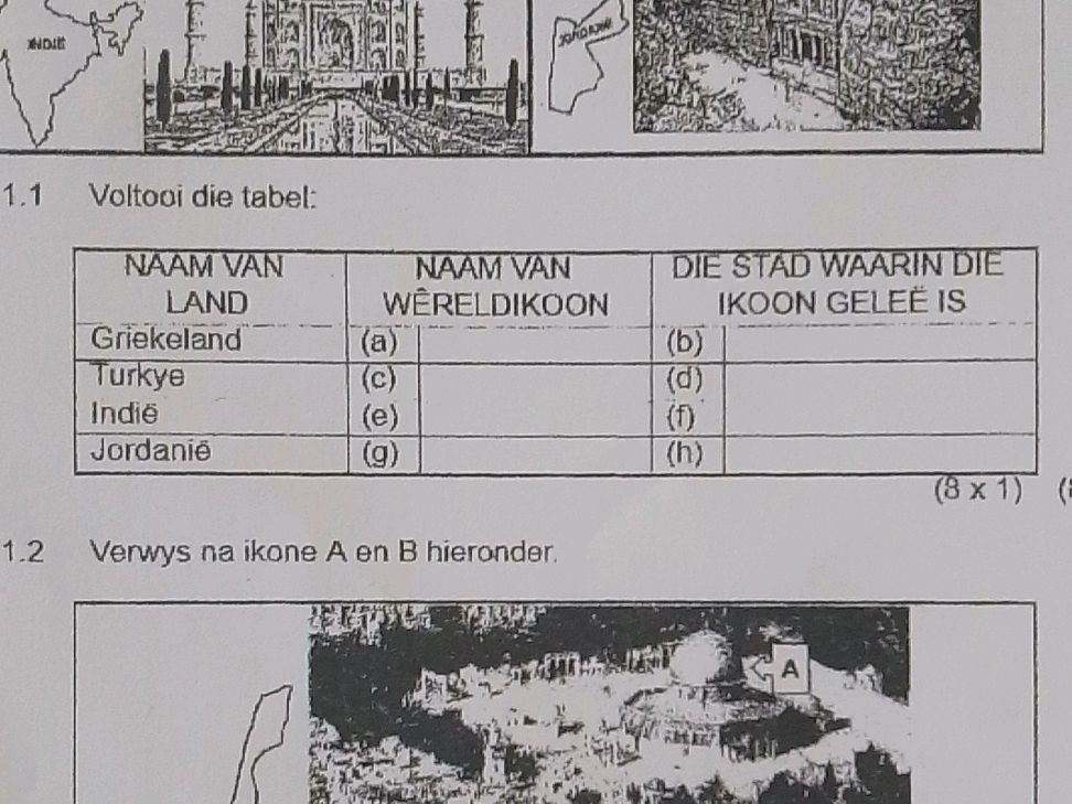 1.1 Voltooi die tabel: | NAAM VAN LAND | | StudyX