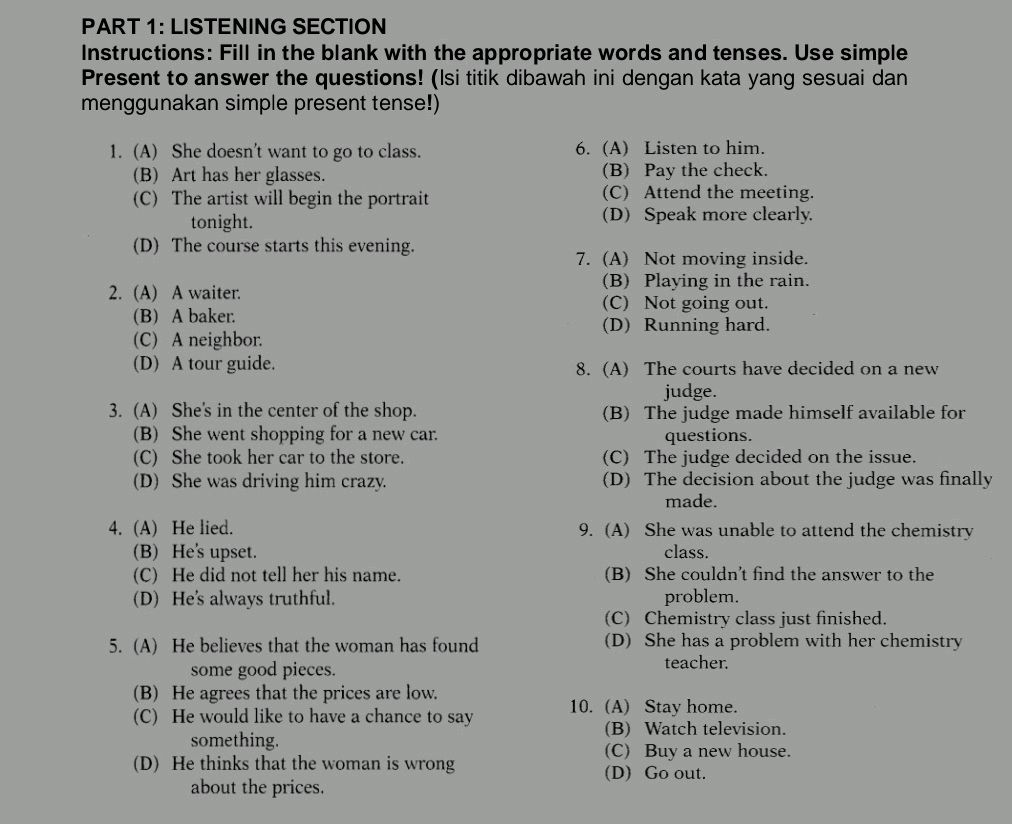 PART 1: LISTENING SECTION Instructions: Fill | StudyX