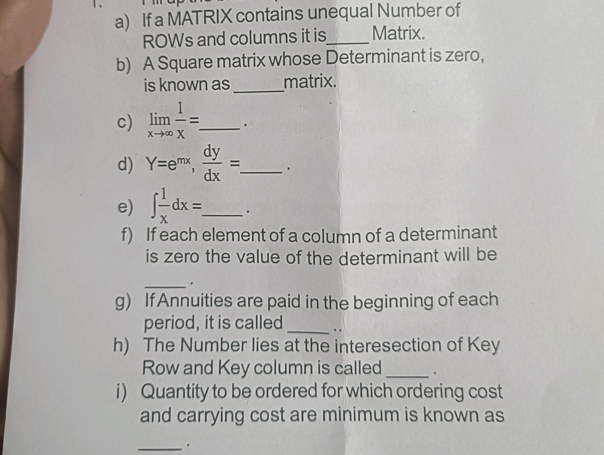 a) If a MATRIX contains unequal Number of | StudyX