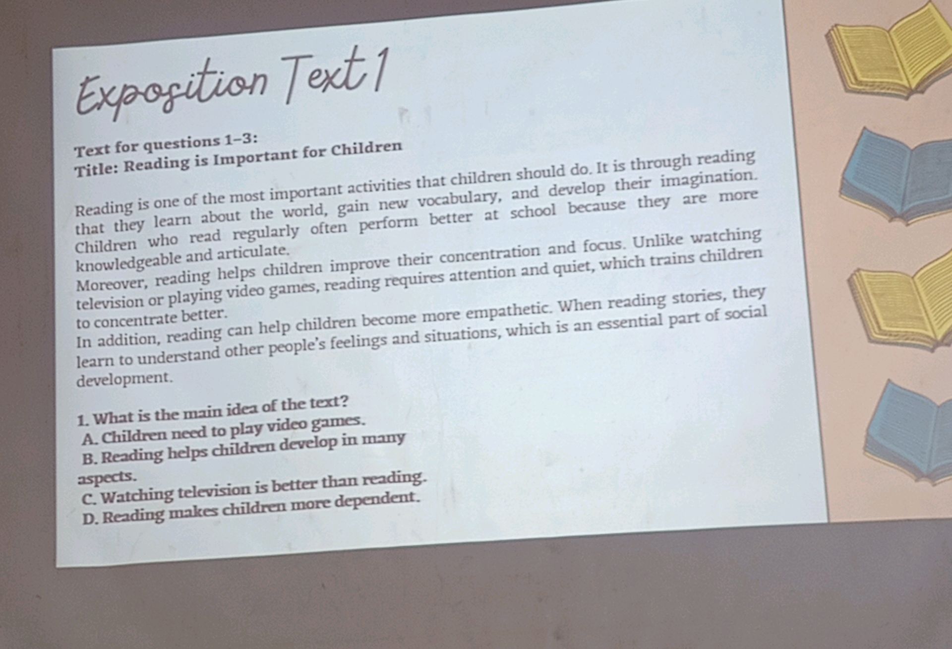 Text for questions 1-3: Title: Reading is | StudyX