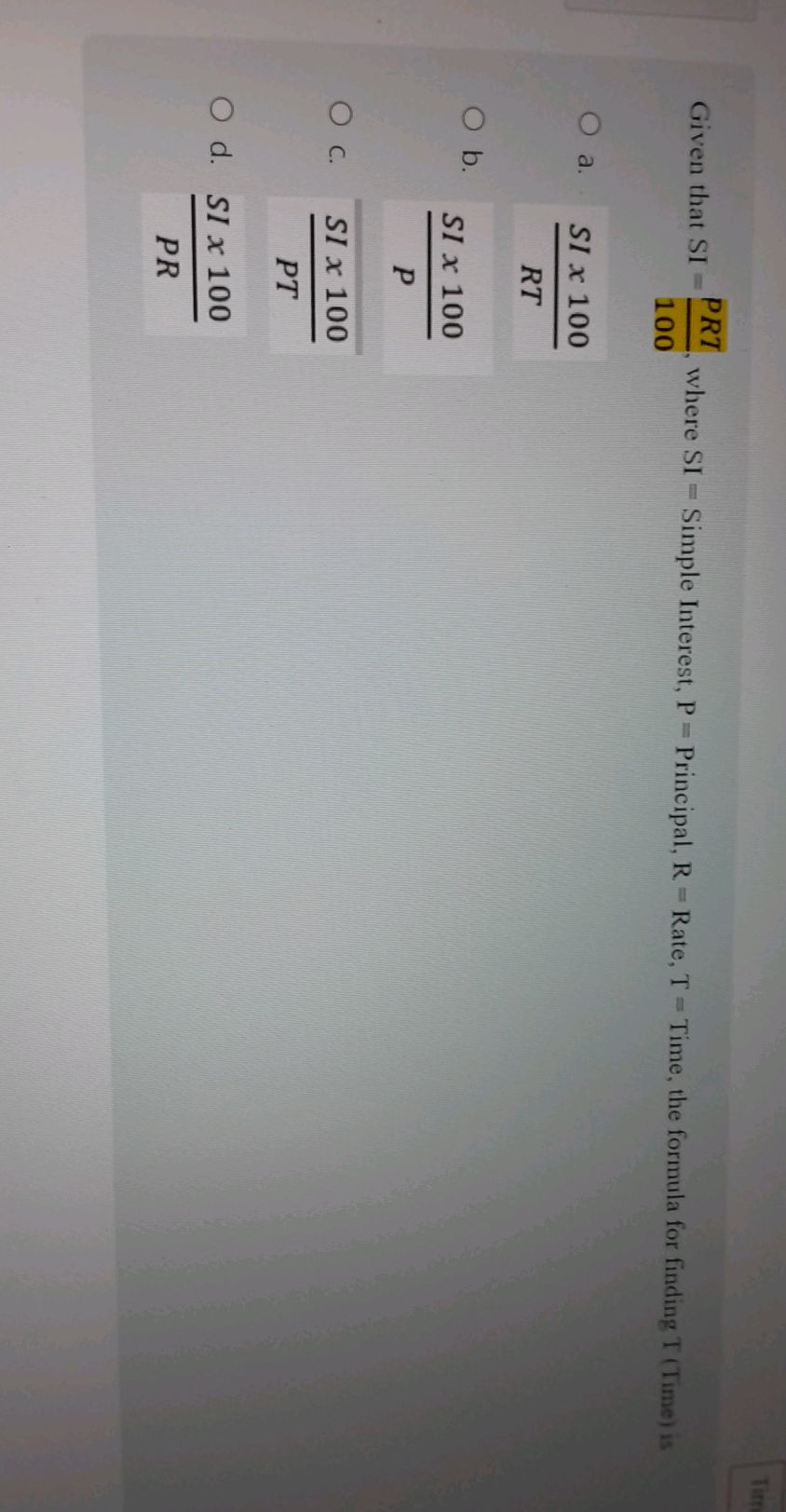 Given that SI = {PRT}{100}, where SI = | StudyX