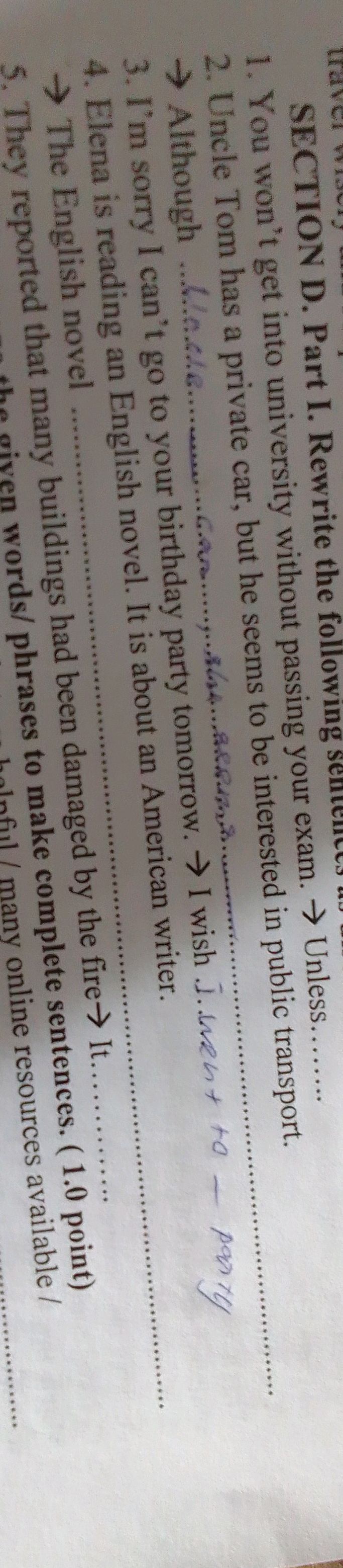 SECTION D. Part I. Rewrite the following | StudyX