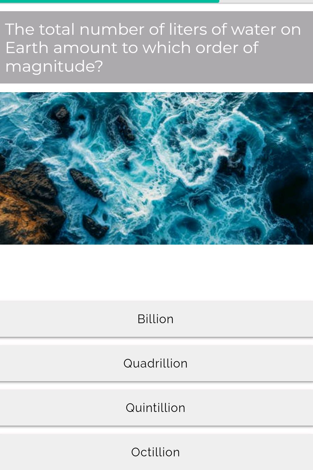The total number of liters of water on Earth