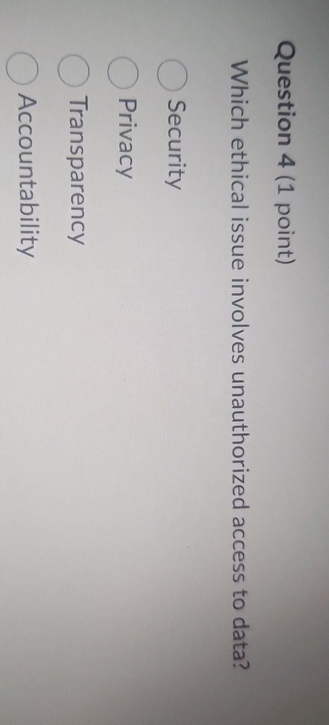 Question 4 (1 point) Which ethical issue | StudyX