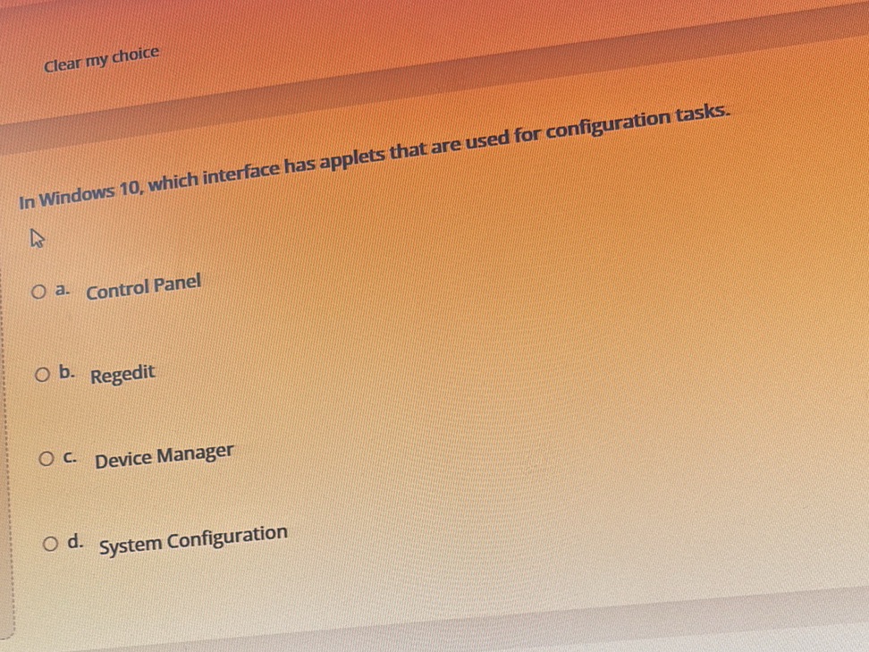 In Windows 10, which interface has applets | StudyX