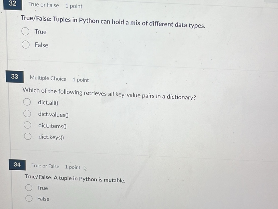 True/False: Tuples in Python can hold a mix | StudyX