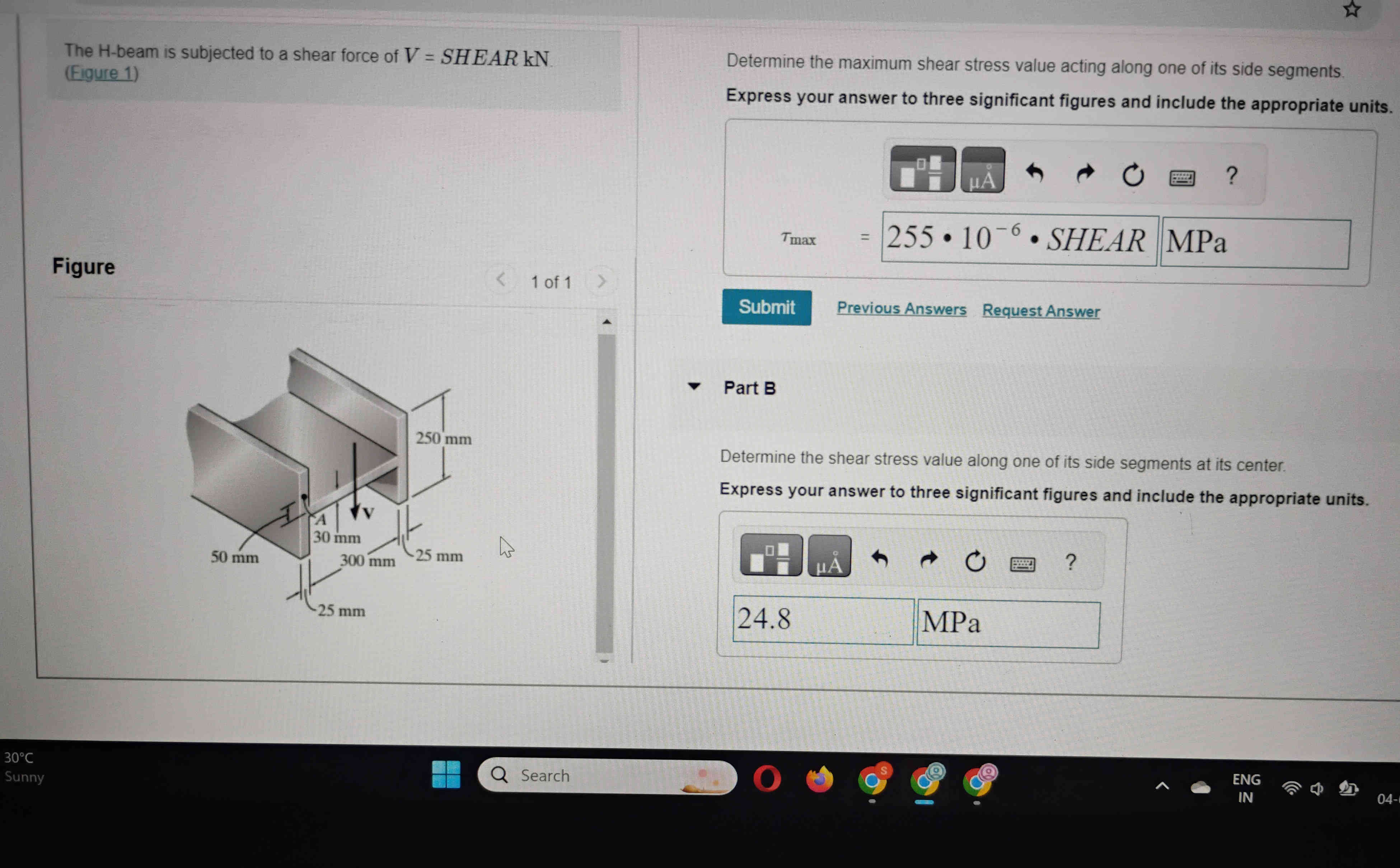 The H-beam is subjected to a shear force of | StudyX