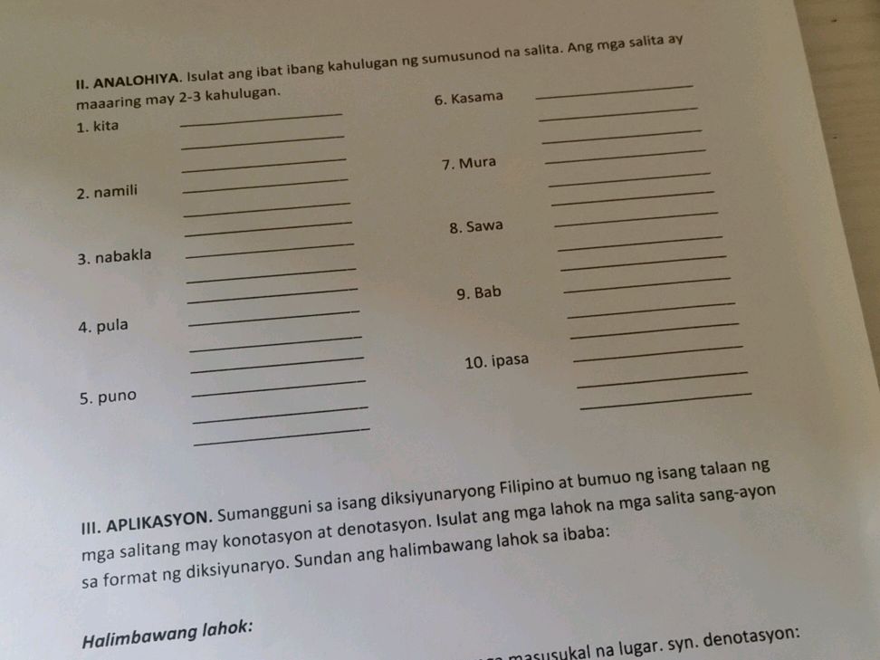 II. ANALOHIYA. Isulat ang ibat ibang | StudyX