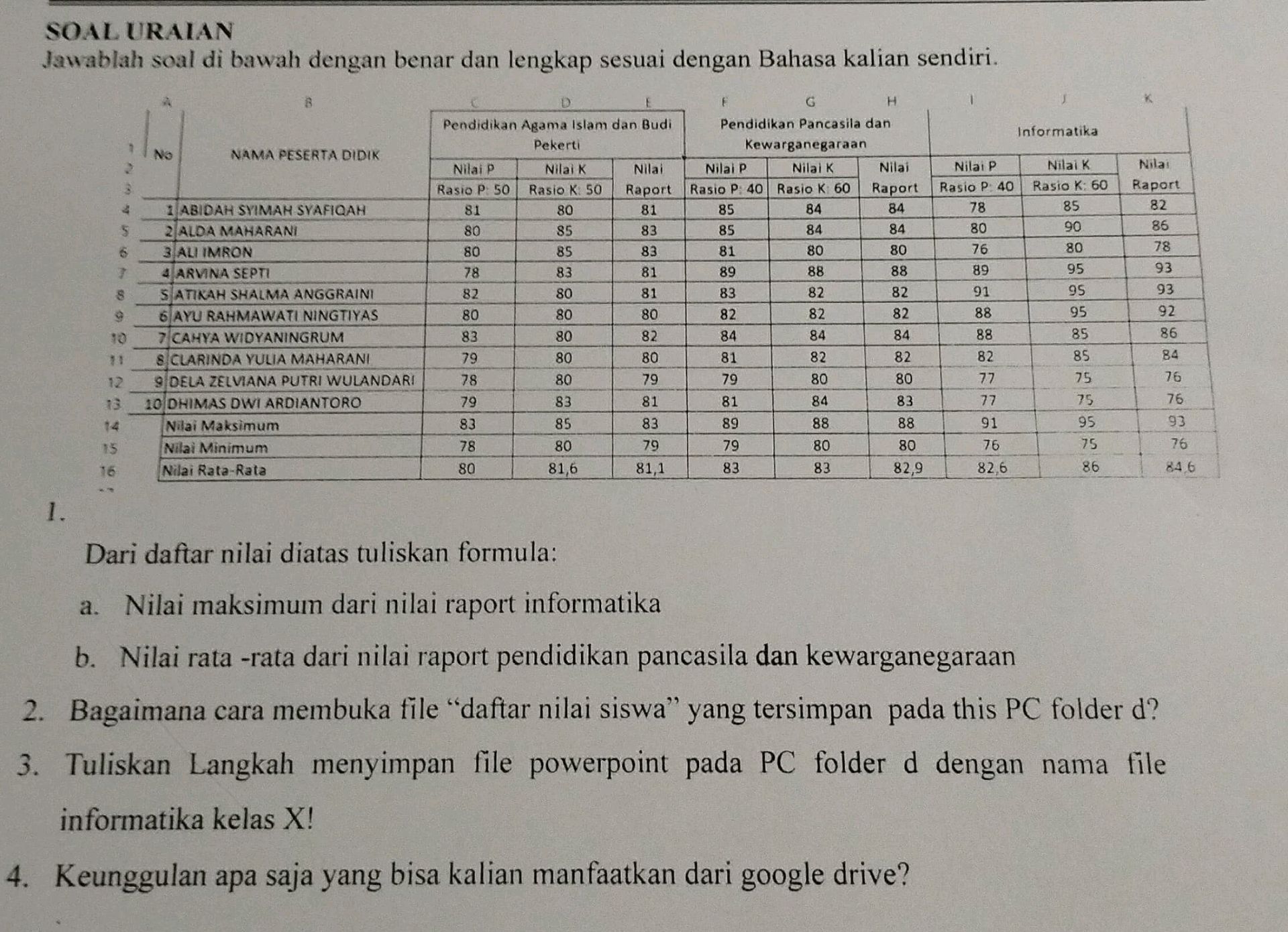 Berikut adalah data nilai siswa: | No | | StudyX