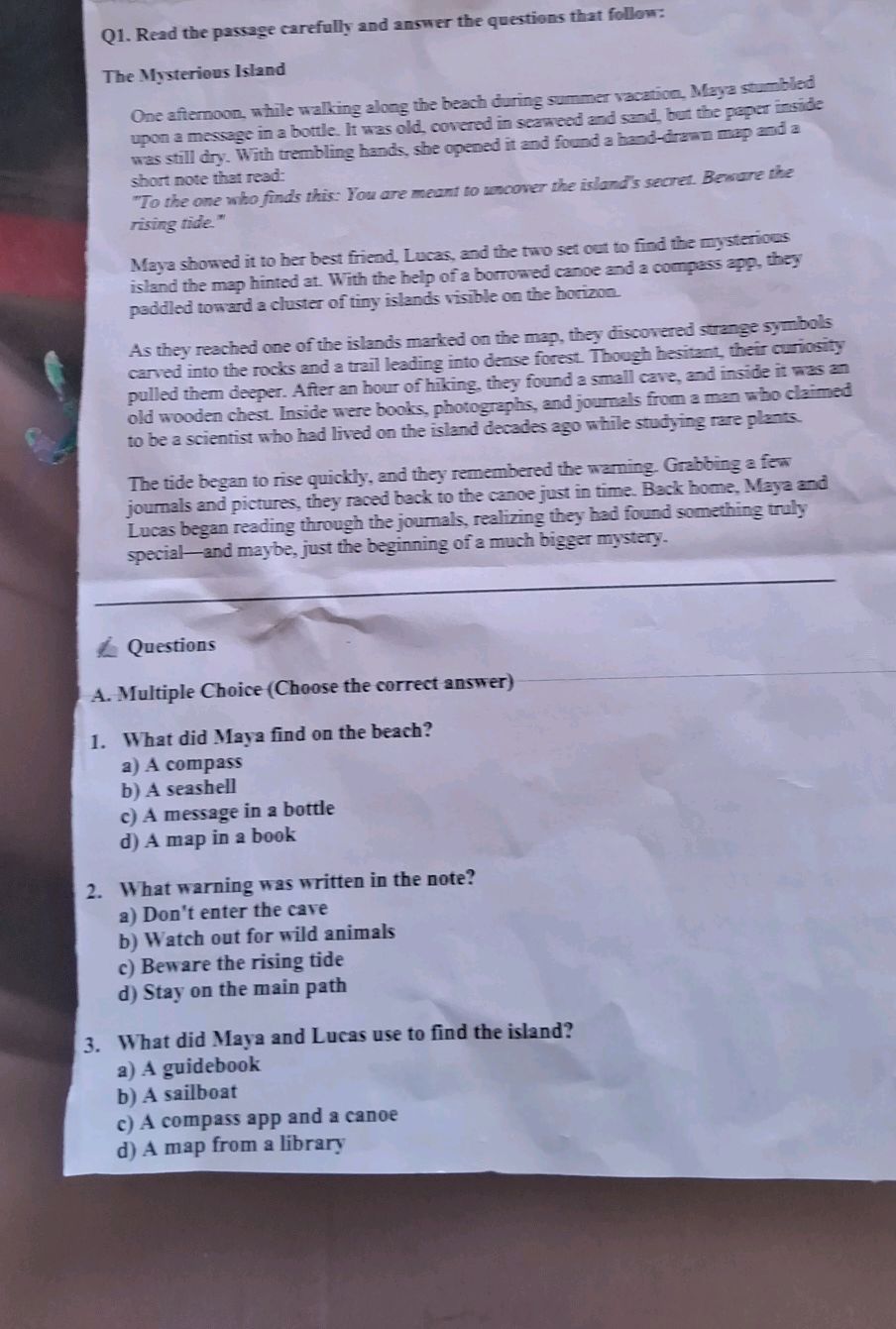 Q1. Read the passage carefully and answer | StudyX