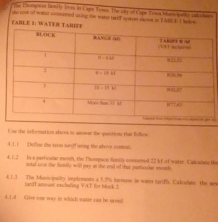 TABLE 1: WATER TARIFF | BLOCK | RANGE (kl) | StudyX